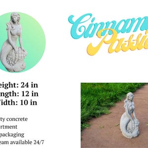 Concrete Mermaid on Stone Large Statue | Cement Marine Girl on Shell ...