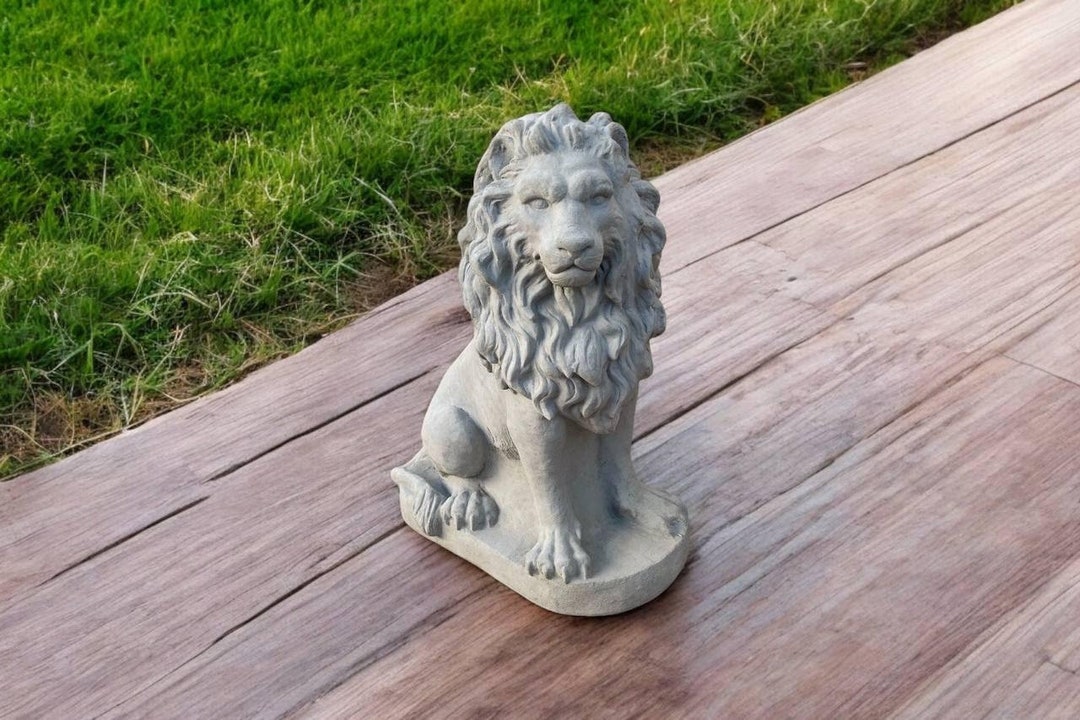Lion Stone Sculpture | Concrete Sitting Lion 23" | Yard Animal Decor ...