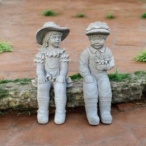 Concrete Sitting Boy and Girl Figures | Yard Stone Children Statue Lawn ...