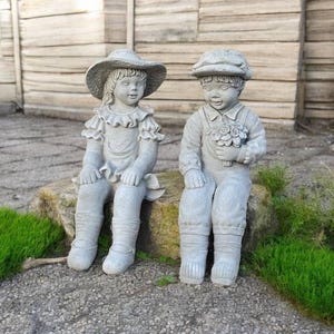Concrete Sitting Boy and Girl Figures | Yard Stone Children Statue Lawn ...