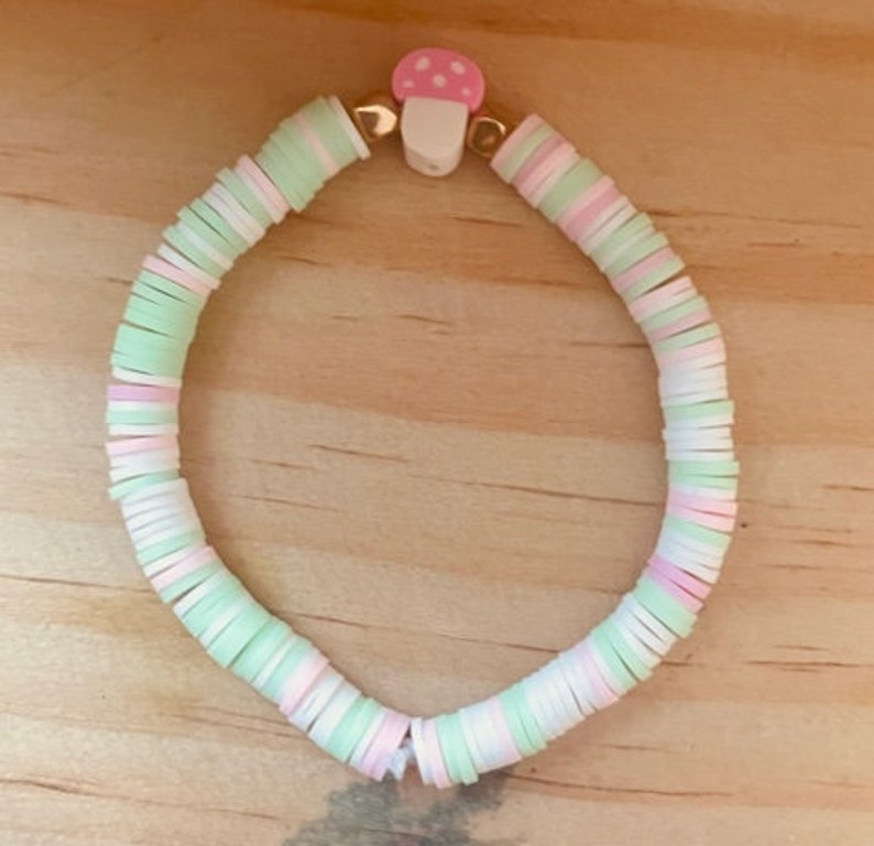 White, Green, and Pink Spring Mushroom Clay Bead Bracelet - Etsy