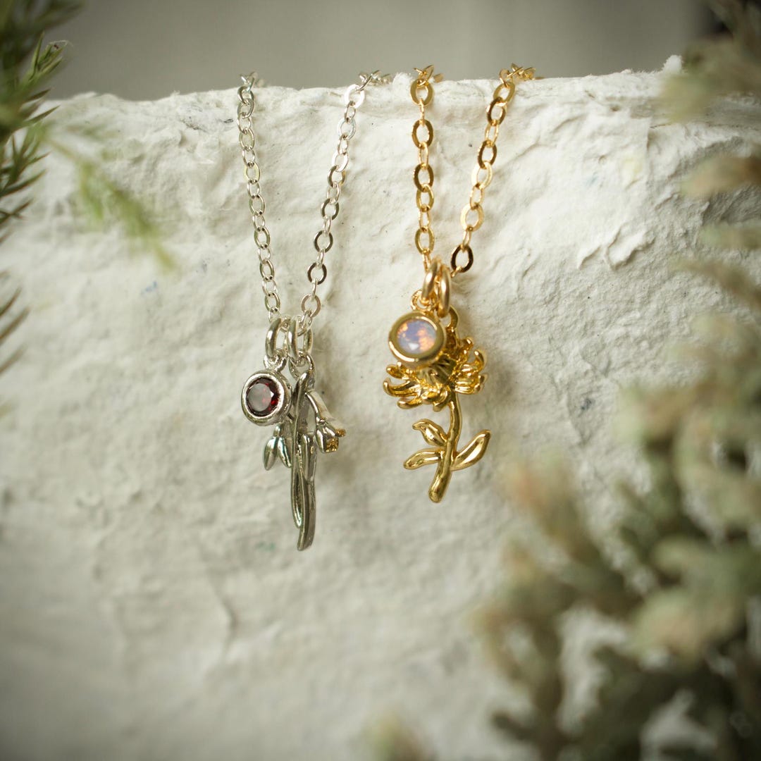 Birth Flower Necklace: Gold-filled Chain, Personalized Birthstone ...