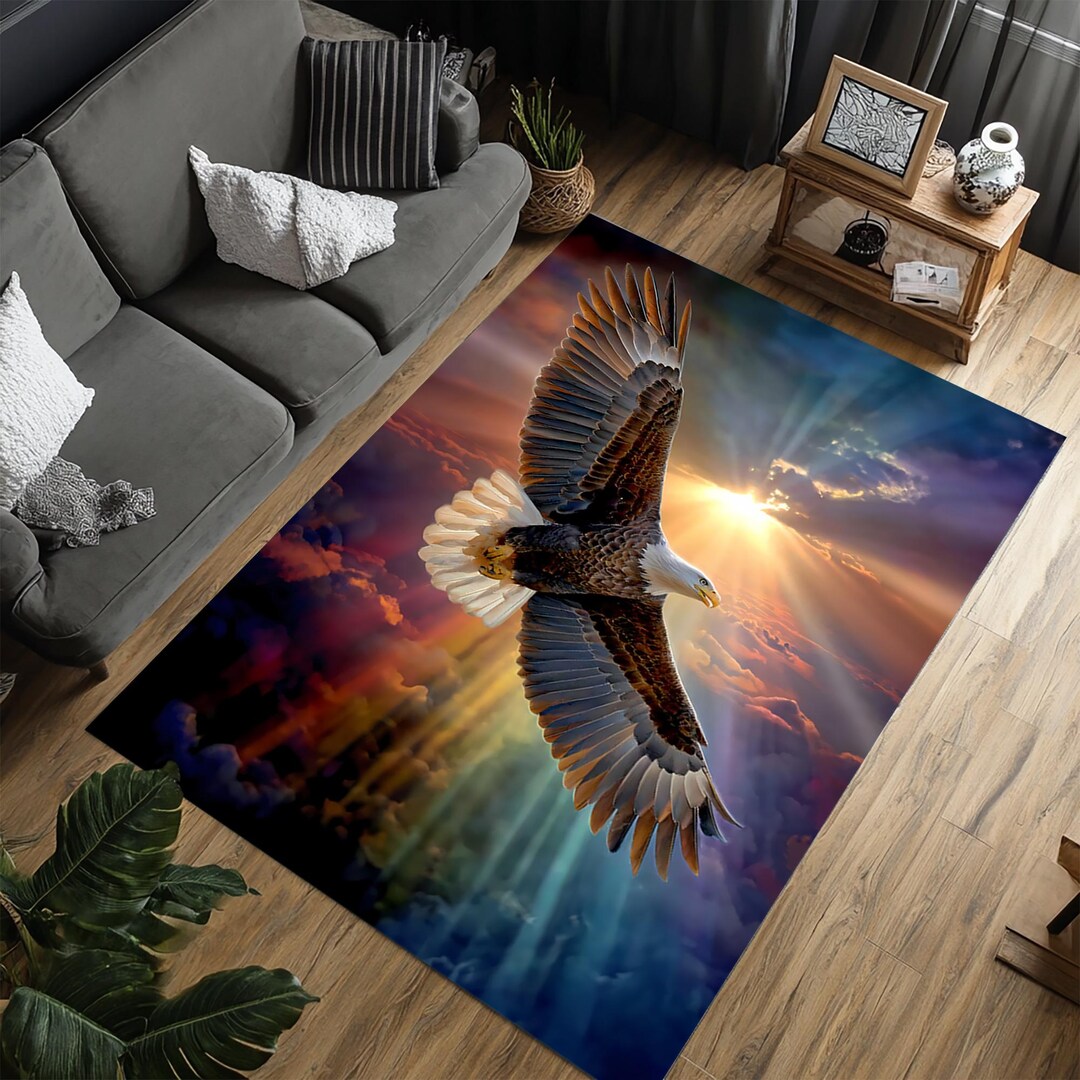 Flying Eagle Rug, 3D Bald Eagle Area Rug, Majestic Sky and Sunset ...