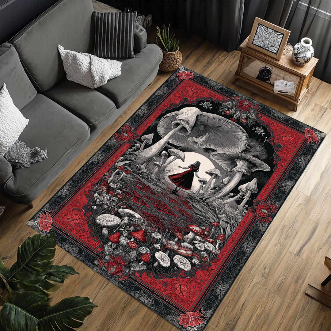 Gothic Fairy Tale Rug, Red Riding Hood Mushroom Rug, Dark Fantasy Area ...