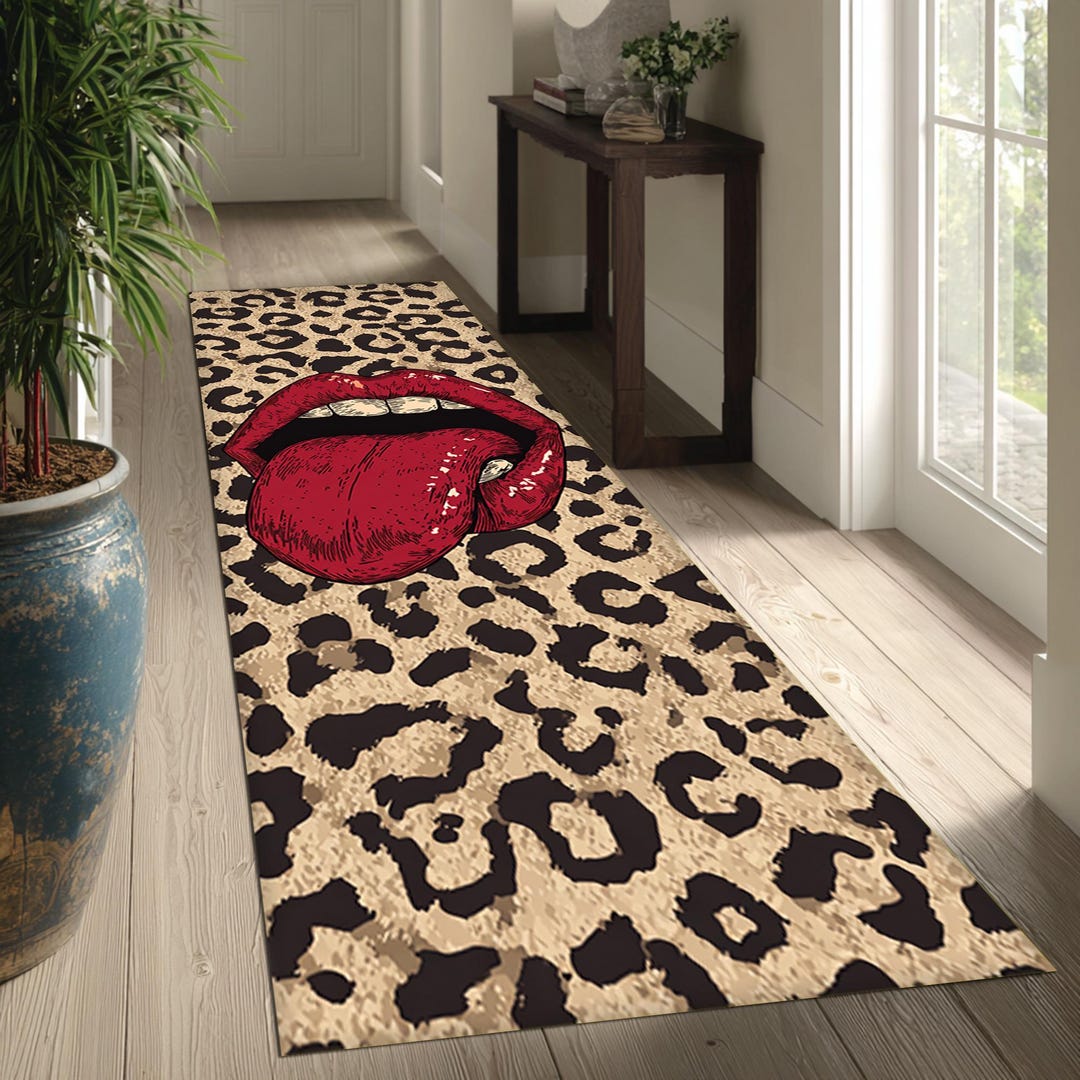 Leopard Print Lips Rug, Funky Pop Art Runner, Red Lips Tongue Carpet ...