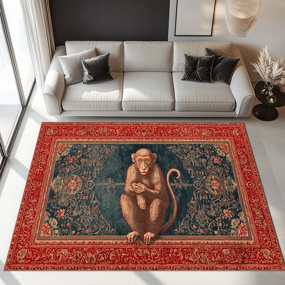 Vintage Monkey Rug, Gothic Animal Tapestry Style Area Rug, Eclectic Red ...
