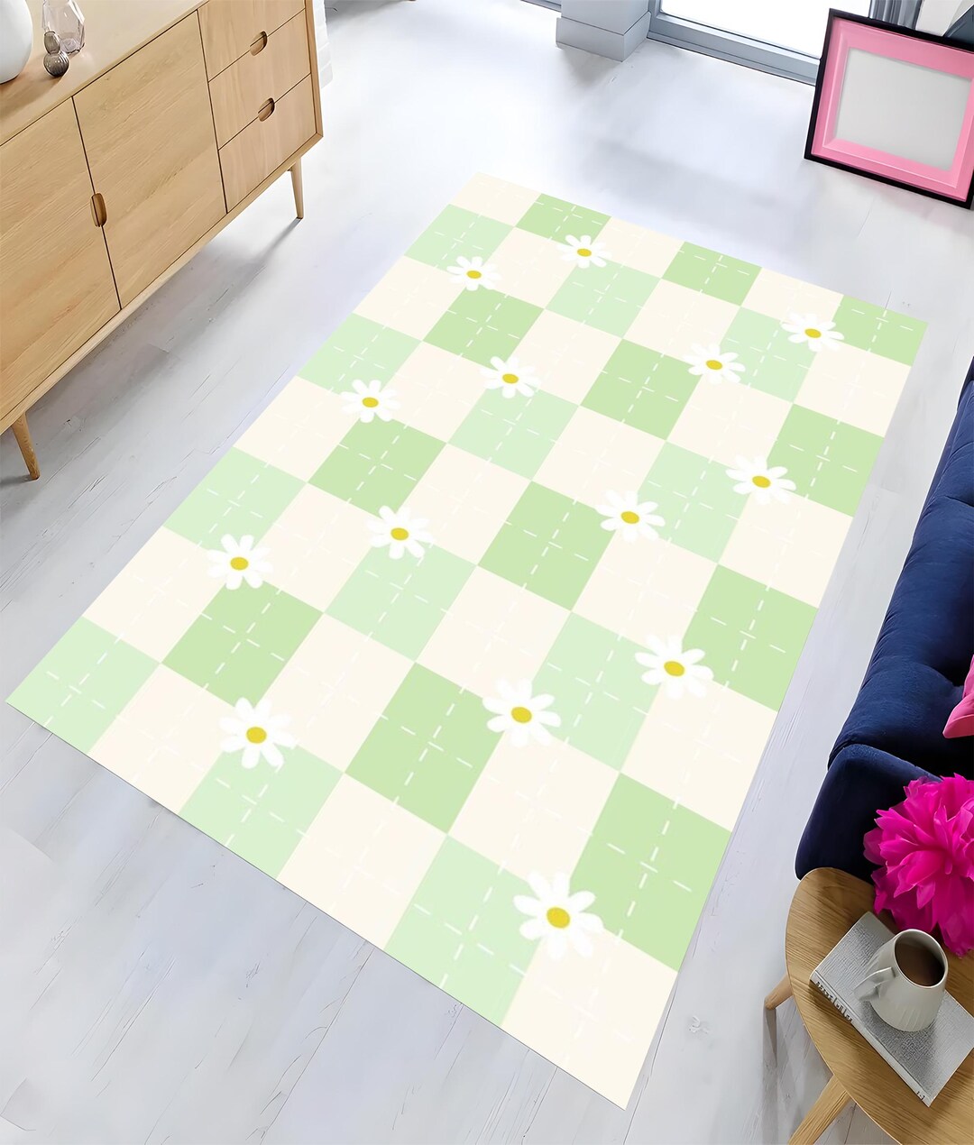 Green Daisy Checkered Rug, Green Checkered Rug, Checkered Pattern, Area ...