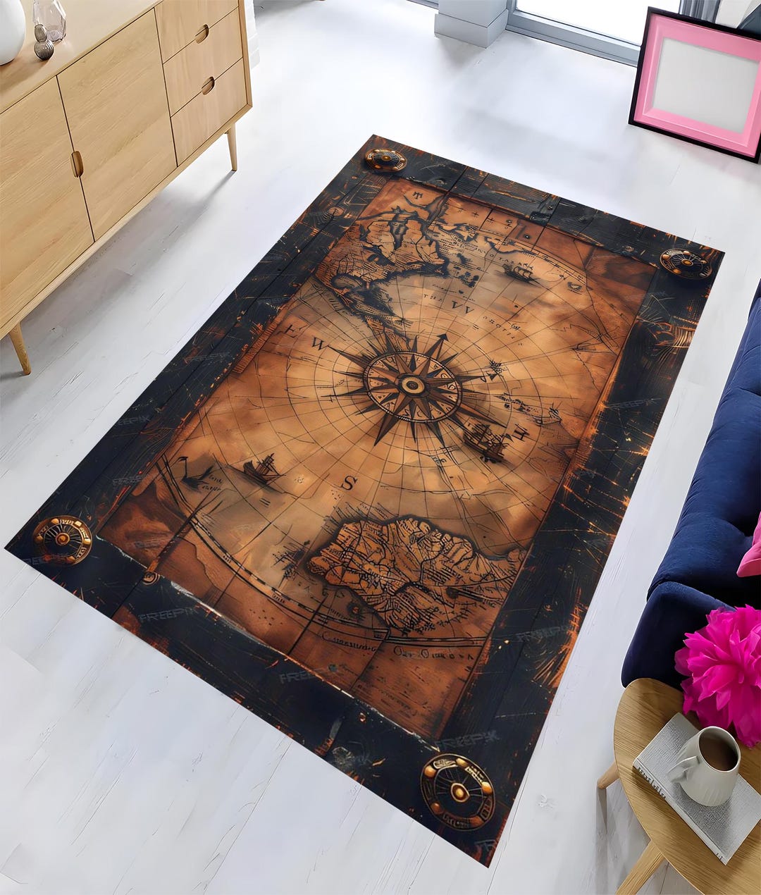 Map Pattern Rug, Antique Navigation Map Pattern Rug, Compass Design Rug ...