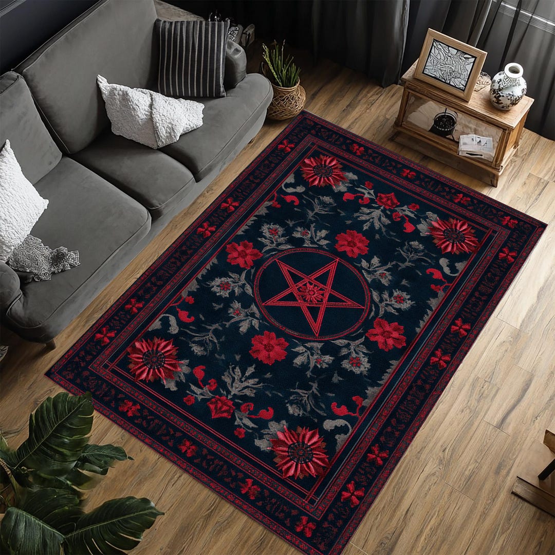 Gothic Pentagram Floral Rug, Dark Occult Area Carpet, Witchy Pentacle ...