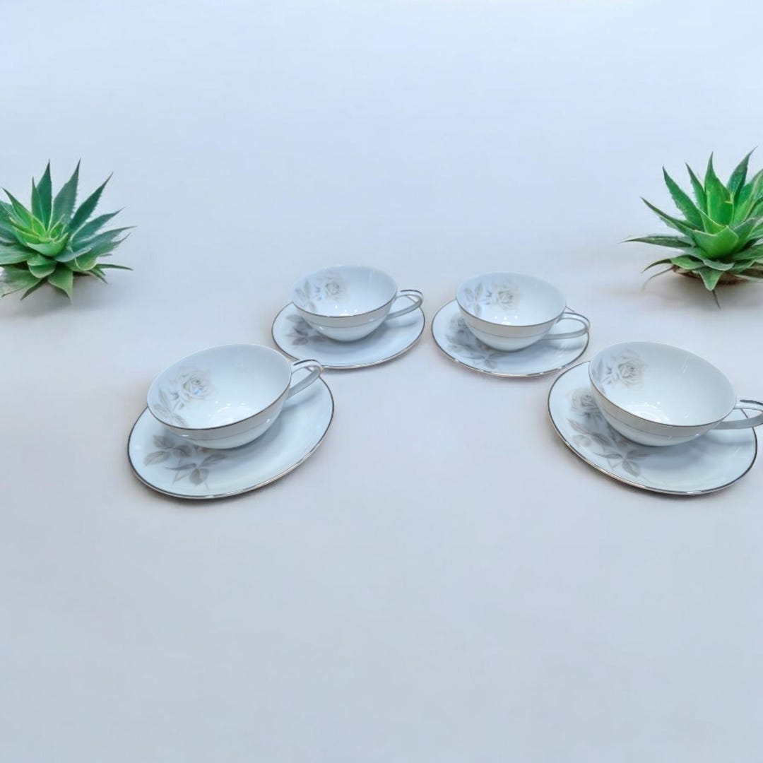 Noritake Melrose Cup and Saucer Set of 4 Gray Pink Floral Platinum Trim ...
