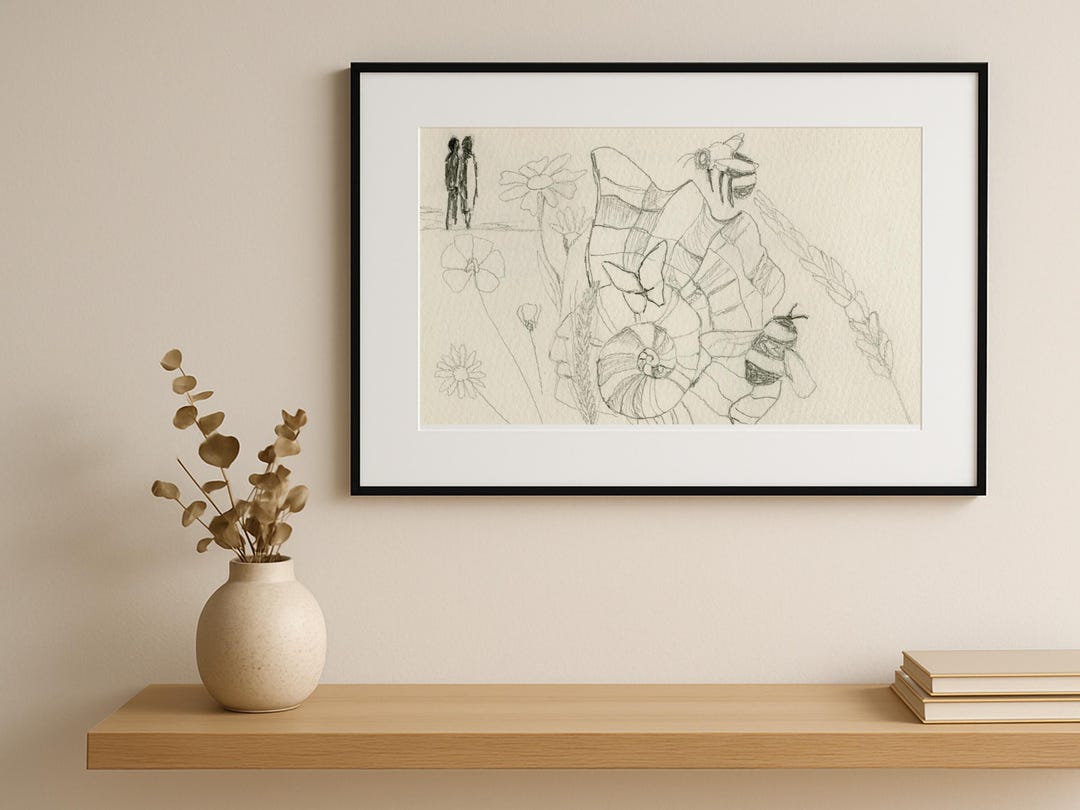 Bees and Lovers in Nature Surreal Sketch, Minimalist Digital Wall Art ...