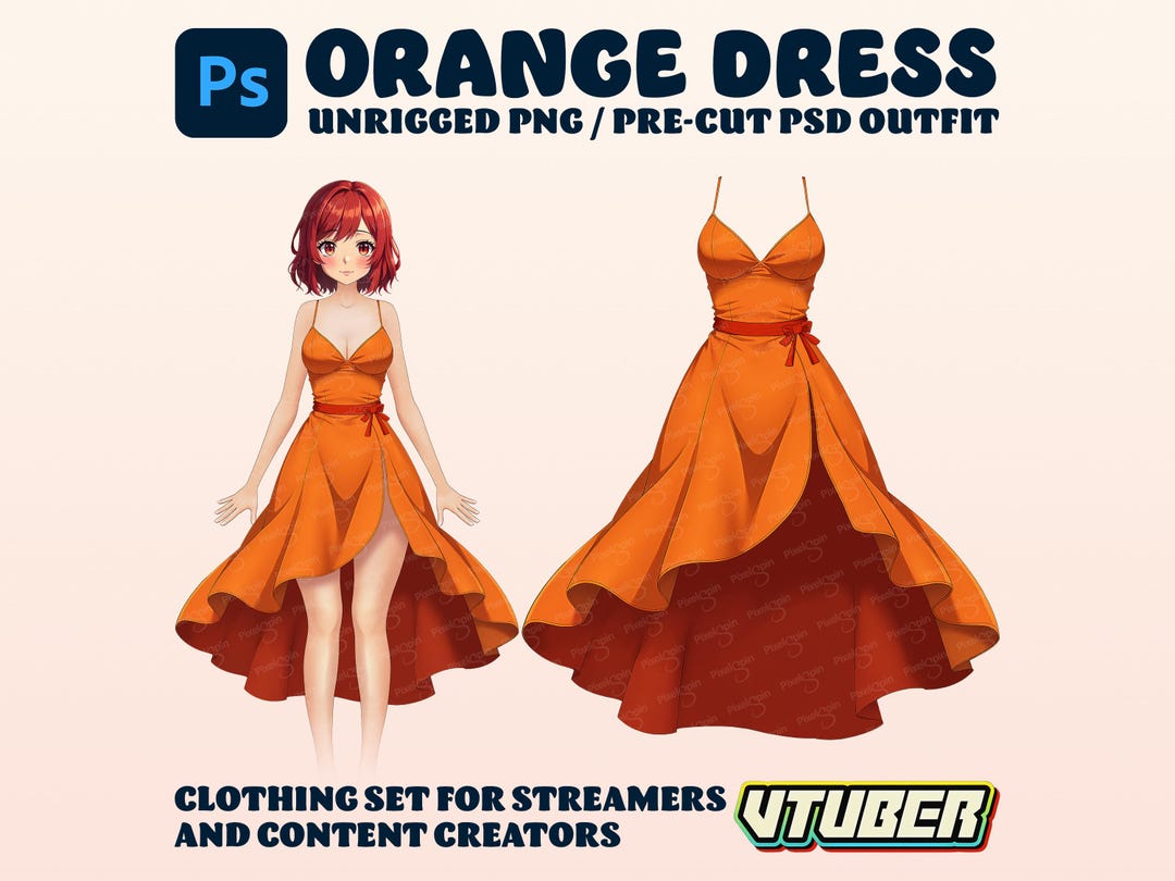 Orange Vtuber Dress Outfit - Feminine Anime-style Gown for Vtuber ...