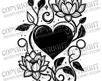 Heart, Roses and Vines SVG - Black & White Vines Digital Art, Floral ...