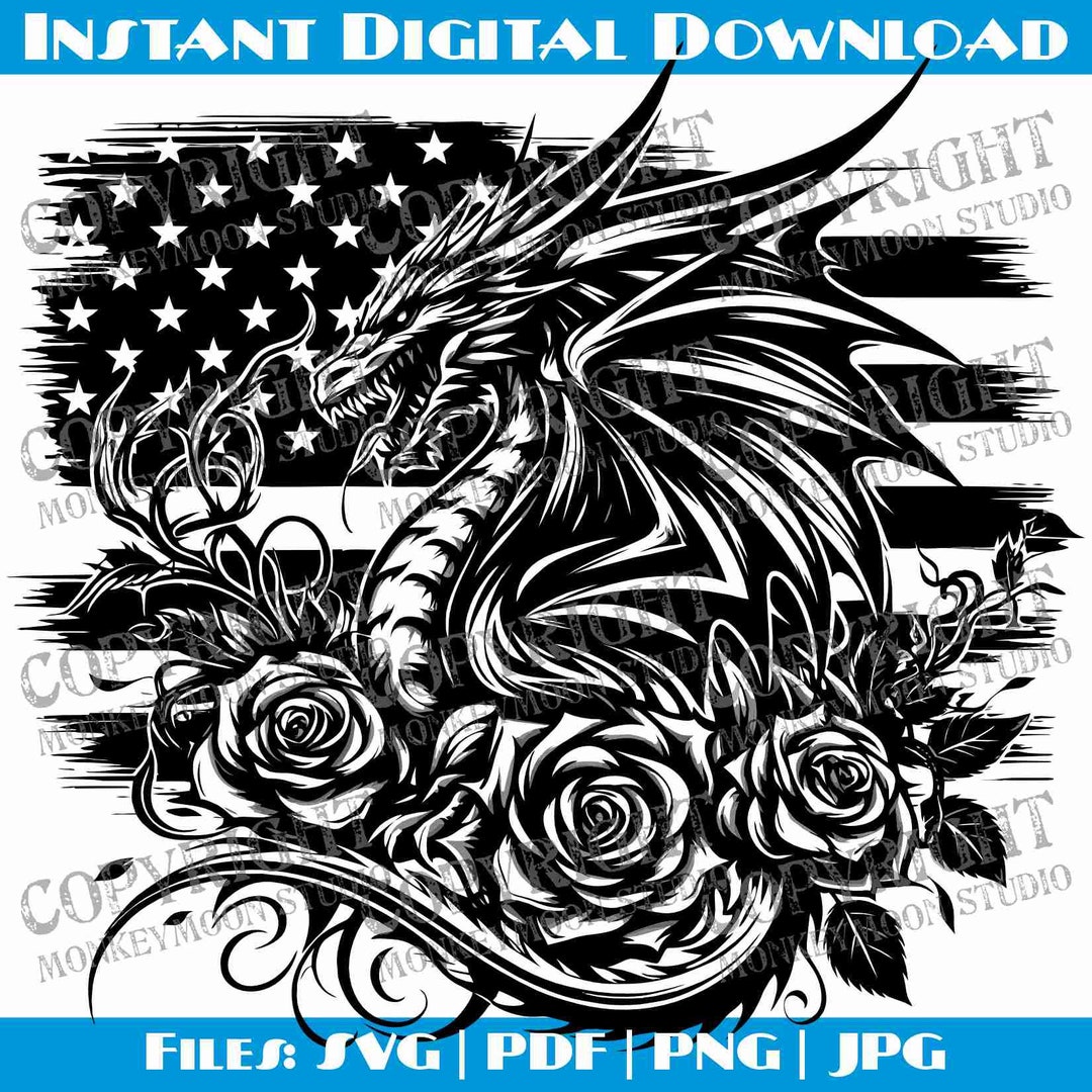 Patriotic Dragon With American Flag and Roses (digital File) - Etsy