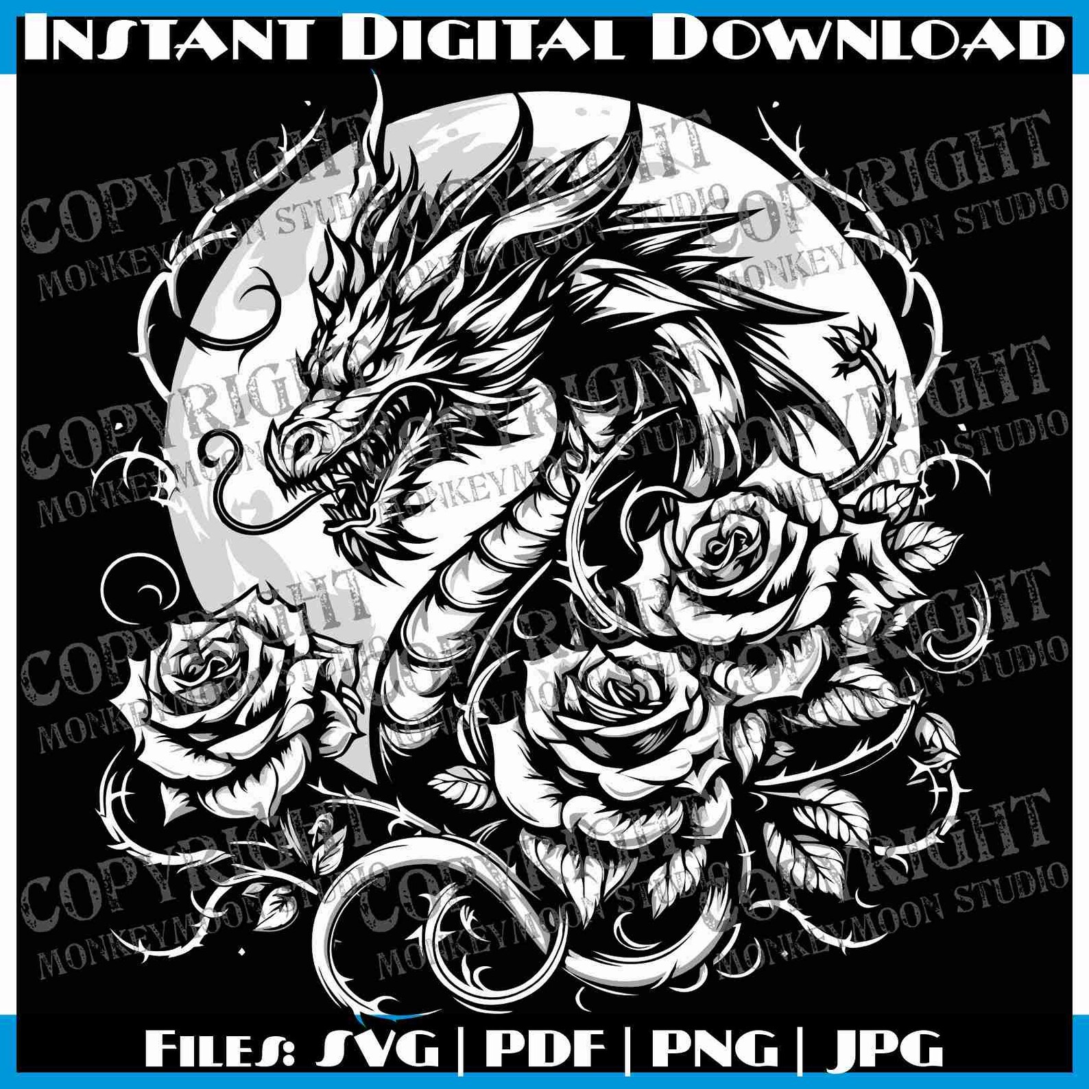Dragon With Full Moon, Roses and Vines, Black and White Digital File ...