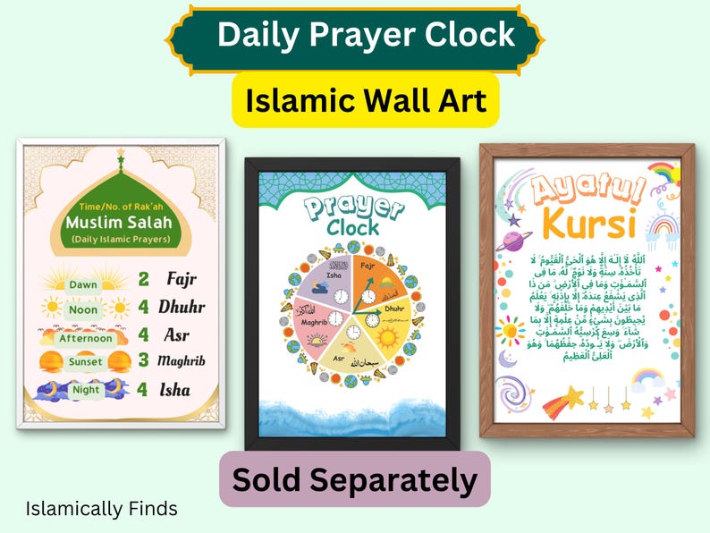 Islamic Daily Prayer Wall Clock for Kids Islamic Wall Art Cute Colorful ...