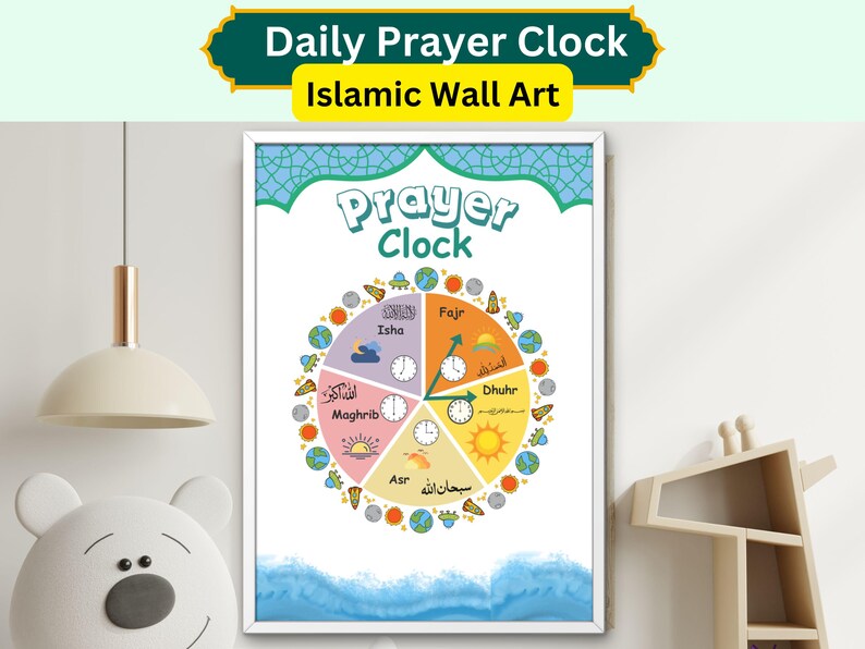 Islamic Daily Prayer Wall Clock for Kids Islamic Wall Art Cute Colorful ...