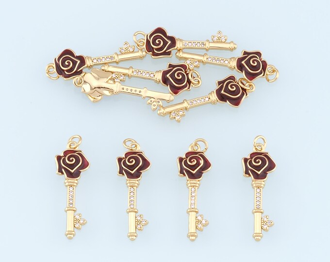 18K Gold Plated Rose Key Pendant,cz Micro Pave Rose Key Charm Bracelet ...