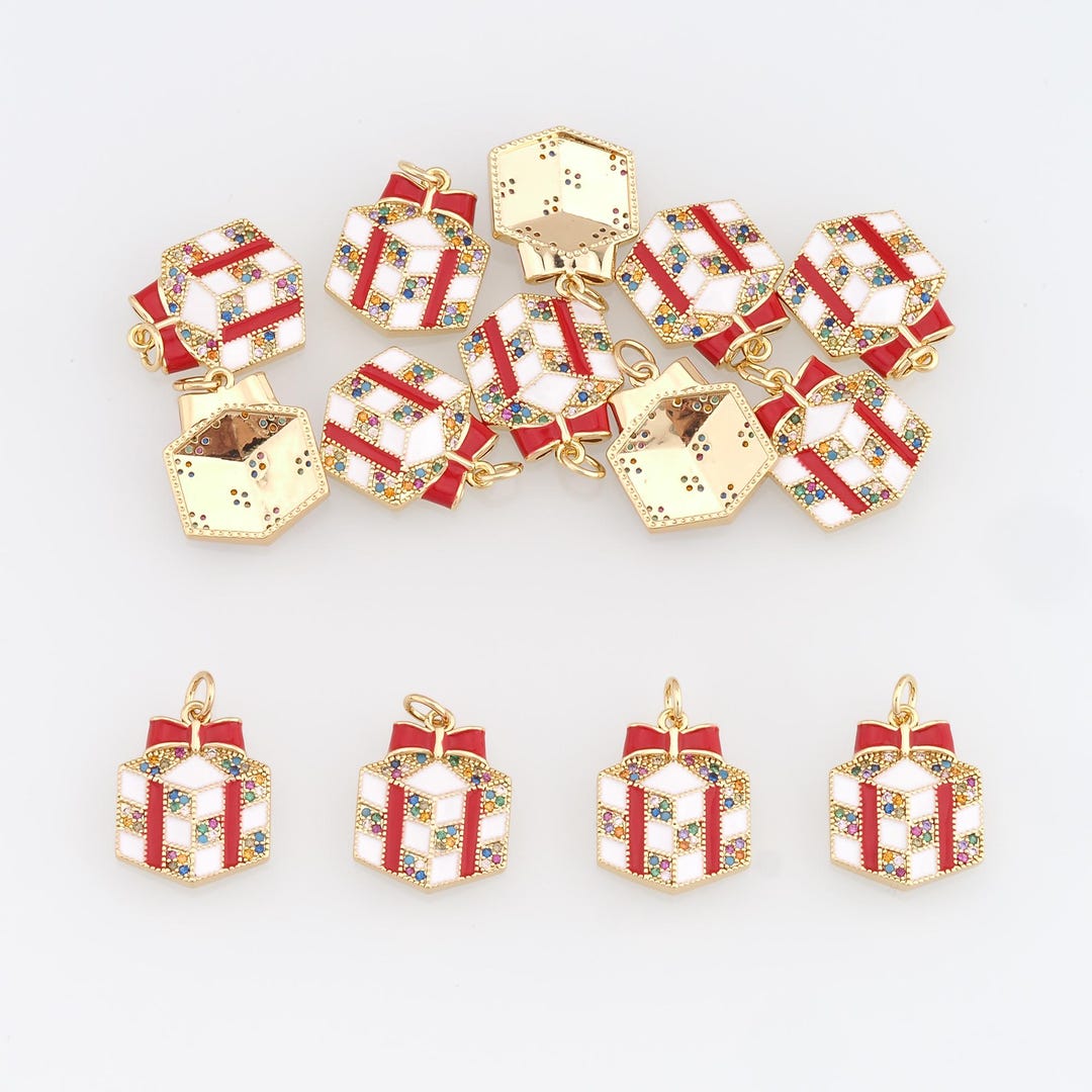 18K Gold Filled Christmas Gift Box Pendant,enamel Christmas Charm ...