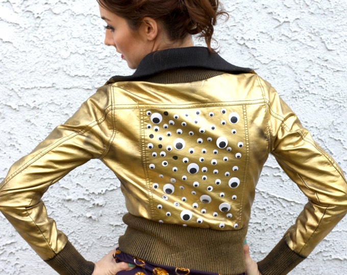 Gold Googly Eye Bomber Jacket Upcycled Women's Pleather Coat W/ Gold ...