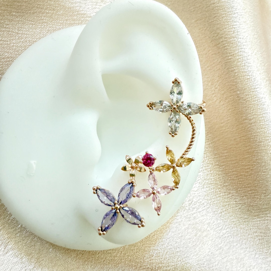 Dainty Flower Ear Climber,four Leaves Clover Stone Ear Crawler, Ear ...