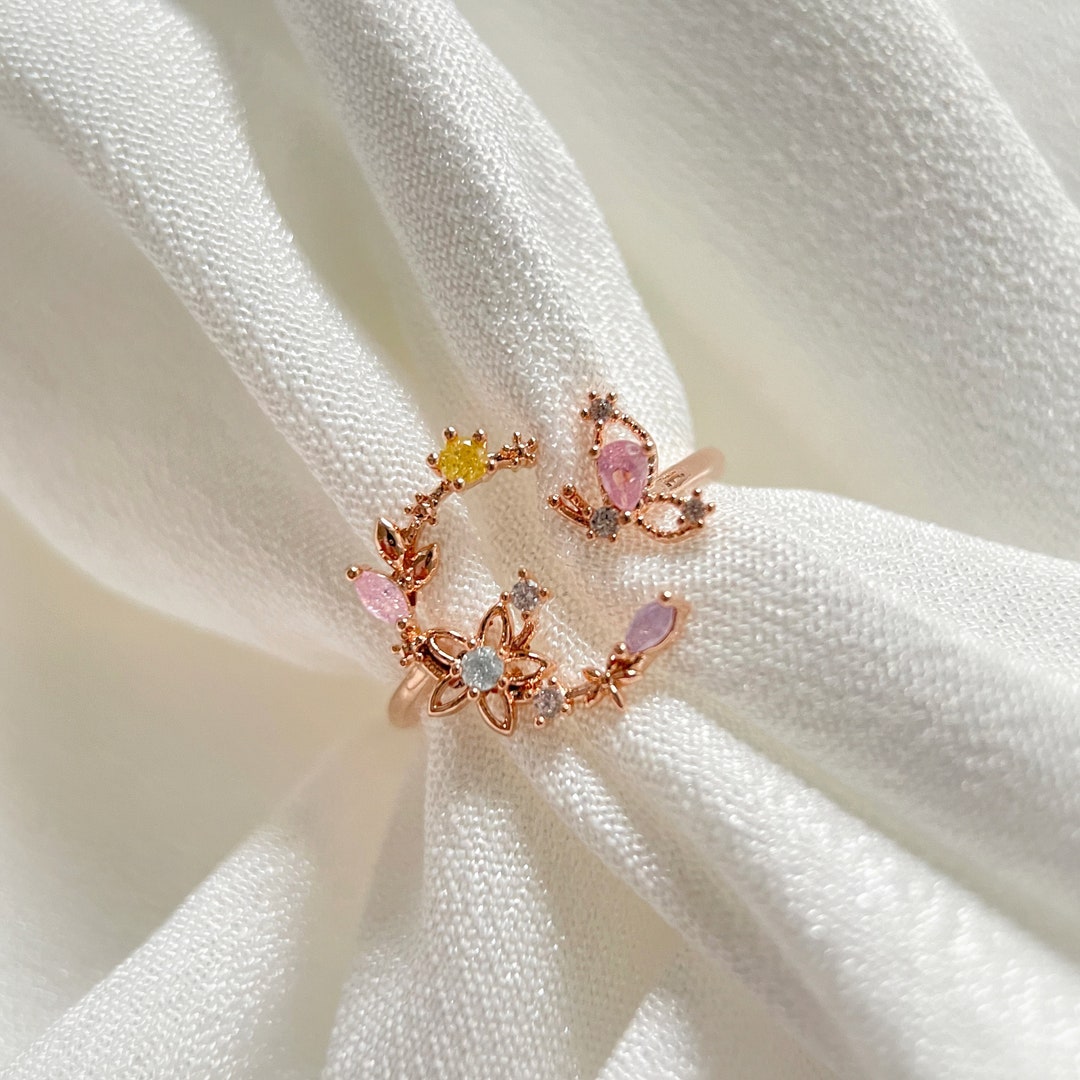 Dainty Crescent Moon Ring,flower Wreath Butterfly Open Ring,adjustable ...