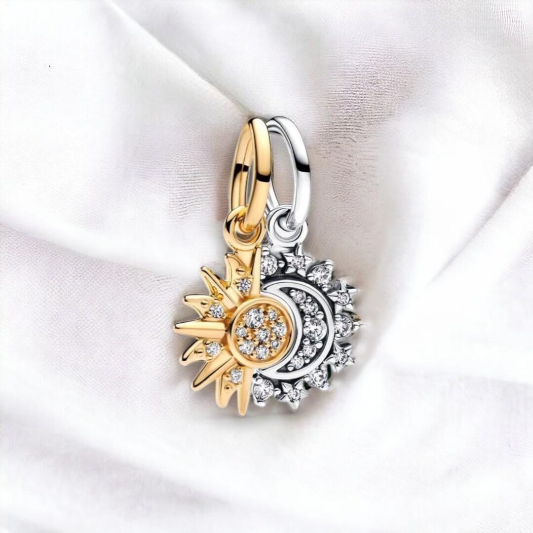 Sparkling Sun and Moon Charm, Celestial Pendant, Silver Moon and Gold ...