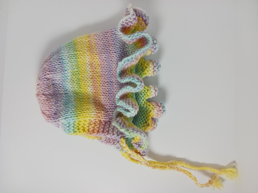 Rainbow Pastel Multi-color Baby Bonnet Knitted Handmade Ruffles Frills ...