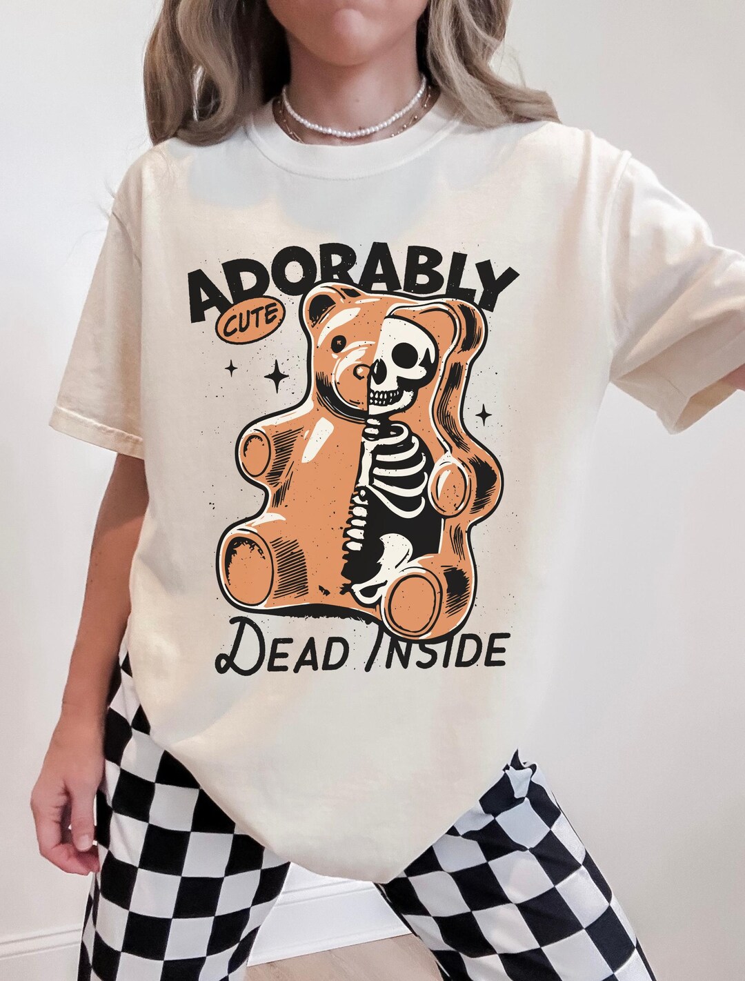 Adorably Cute Dead Inside Graphic T-shirt Tee for Women, Grunge Skull ...