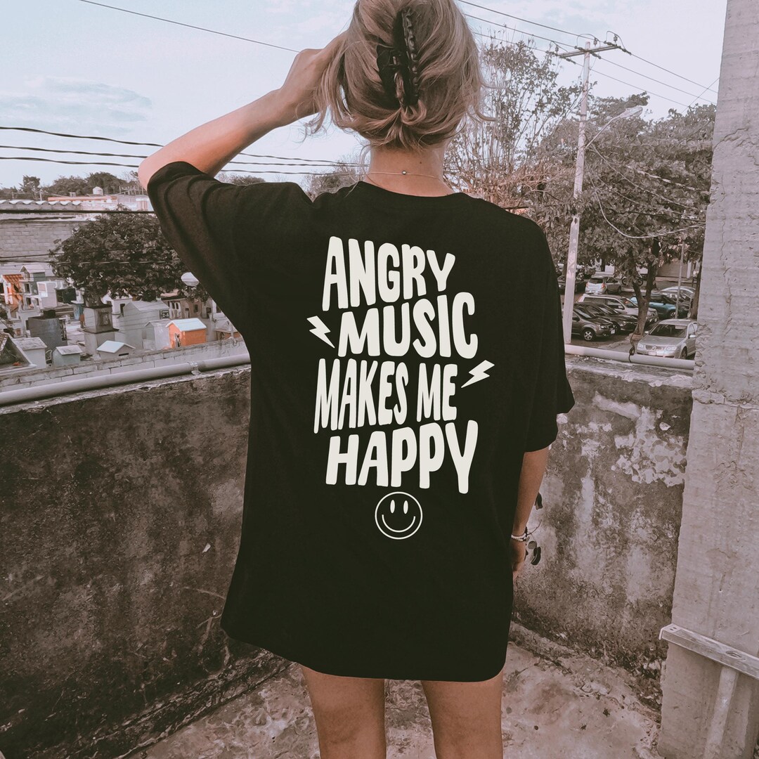 Angry Music Makes Me Happy Graphic Tee T-shirt For Women, Trendy Edgy