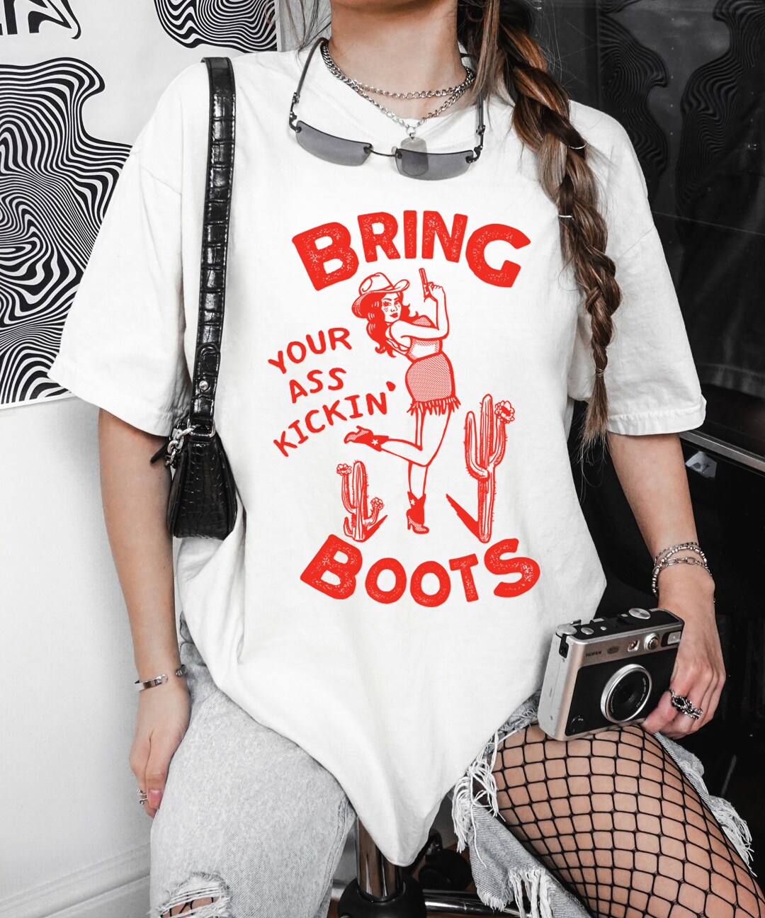 Bring Your Ass Kickin Boots Graphic Tee T-shirt for Women, Retro Trendy Vintage Western Cowgirl ...