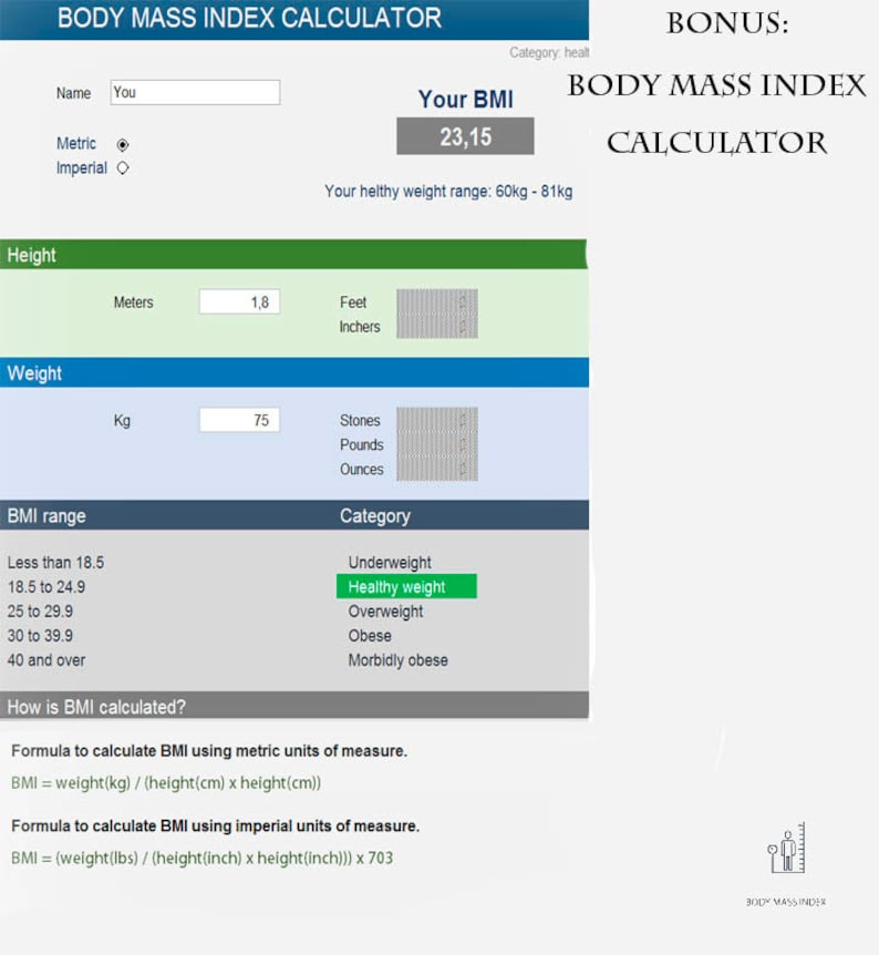 Weight Loss Chart & B. M. I. Calculator - Etsy