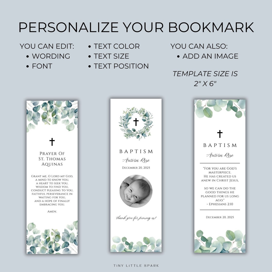 Greenery Baptism Bookmark Favor: Personalized Christening Gift ...