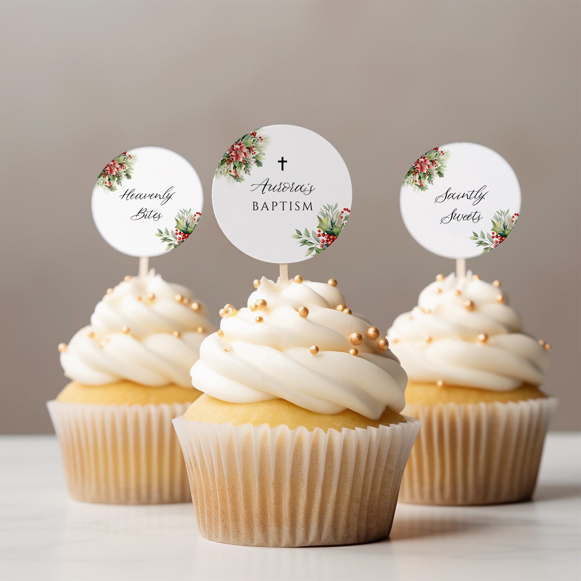 Baptism Cupcake Toppers Printable, Editable Cupcake Template, Baptism Decor, Winter Baptism ...