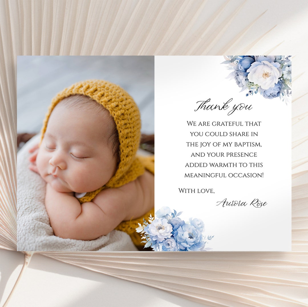 Baptism Thank You Card Template With Photo: Floral Design (digital ...