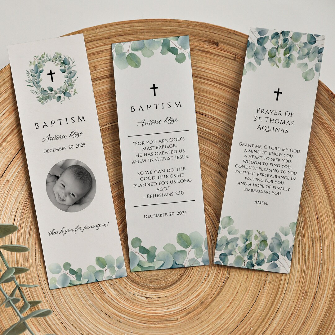 Greenery Baptism Bookmark Favor: Personalized Christening Gift ...