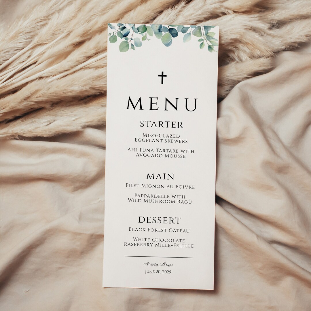 Baptism Menu Card: Rustic Greenery, Editable Template (digital Download ...
