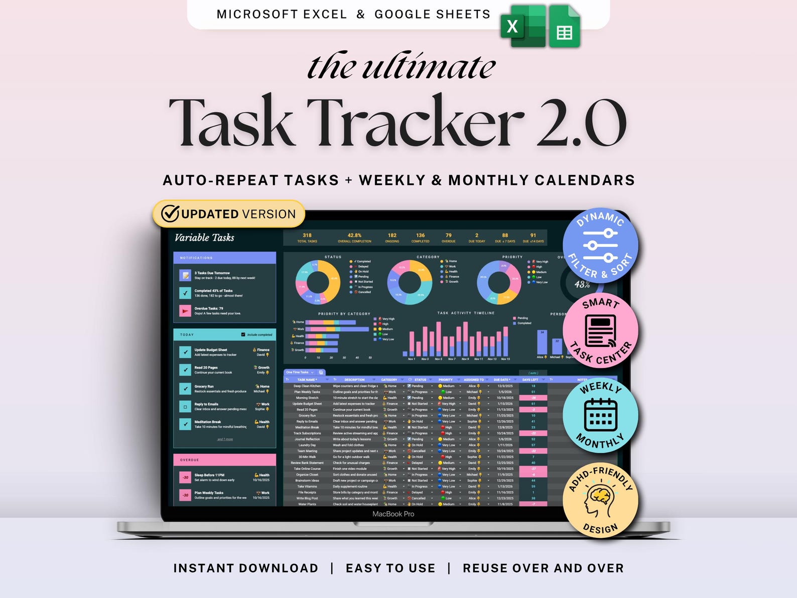 Task Tracker Spreadsheet Dark Mode Recurring Task Planner Google Sheets Excel ADHD to Do List ...