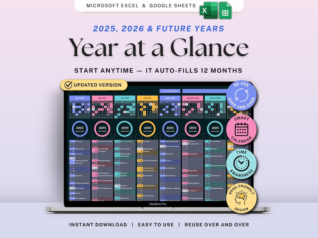Year at a Glance Planner Dark Mode Undated Yearly Spreadsheet Google ...
