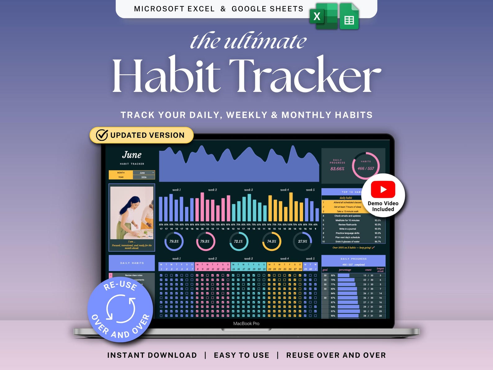 Habit Tracker Dark Mode Monthly Habit Tracking Spreadsheet ADHD Daily ...