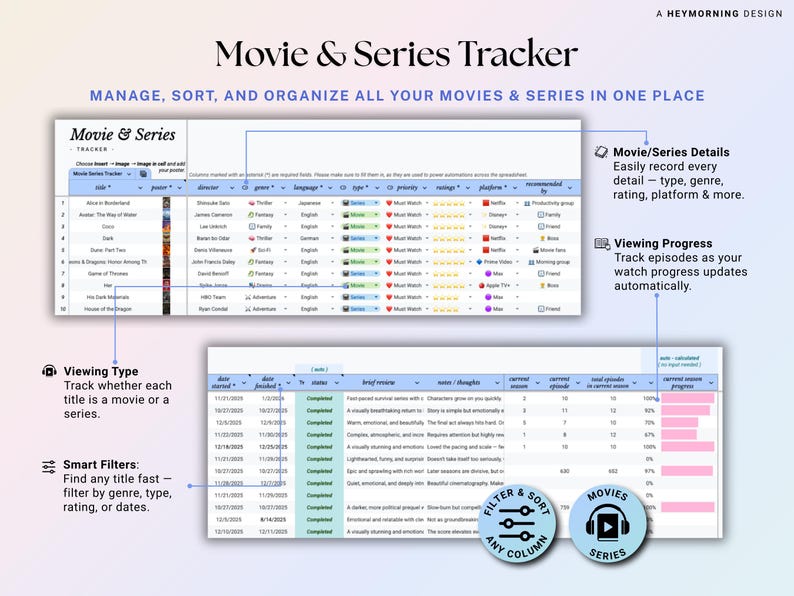 TV Series & Movies Tracker Show Watchlist Spreadsheet Entertainment ...