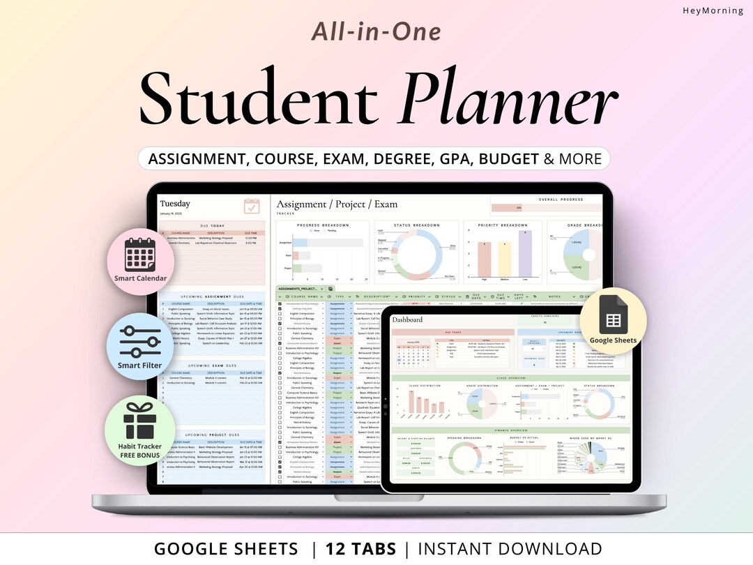 Academic Student Planner Google Sheets Assignment Tracker Spreadsheet ...
