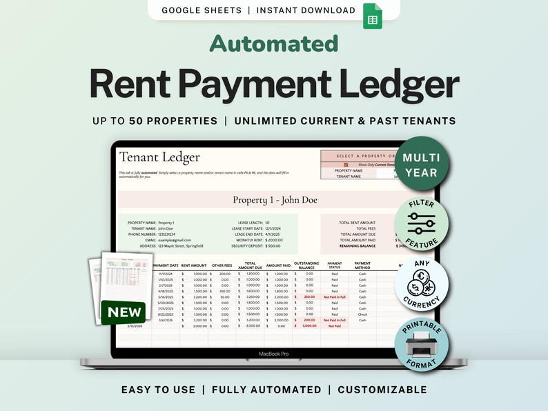 Rent Payment Ledger Spreadsheet Tenant Ledger Google Sheets Landlord ...