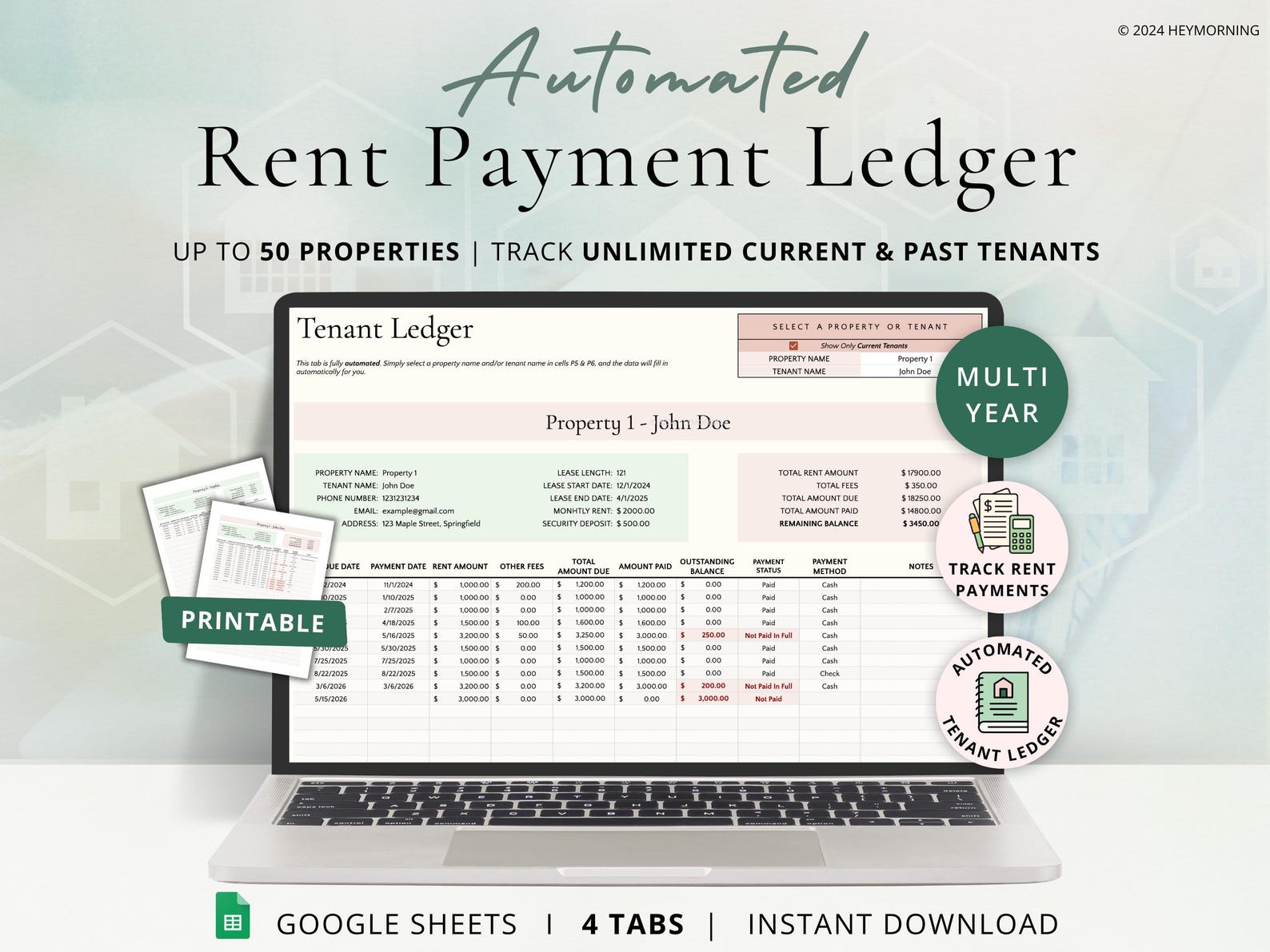 Rent Payment Ledger Spreadsheet Tenant Ledger Google Sheets Landlord ...