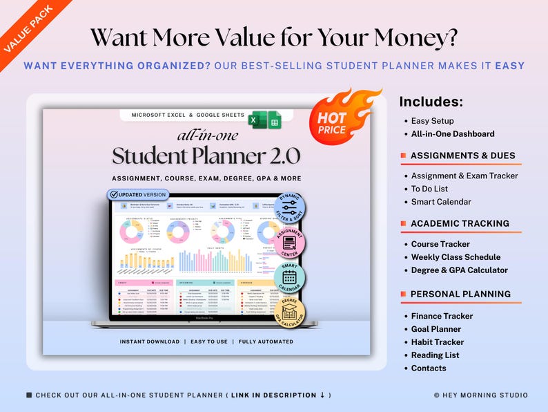 Assignment Tracker Google Sheets Excel Student Planner Spreadsheet ...
