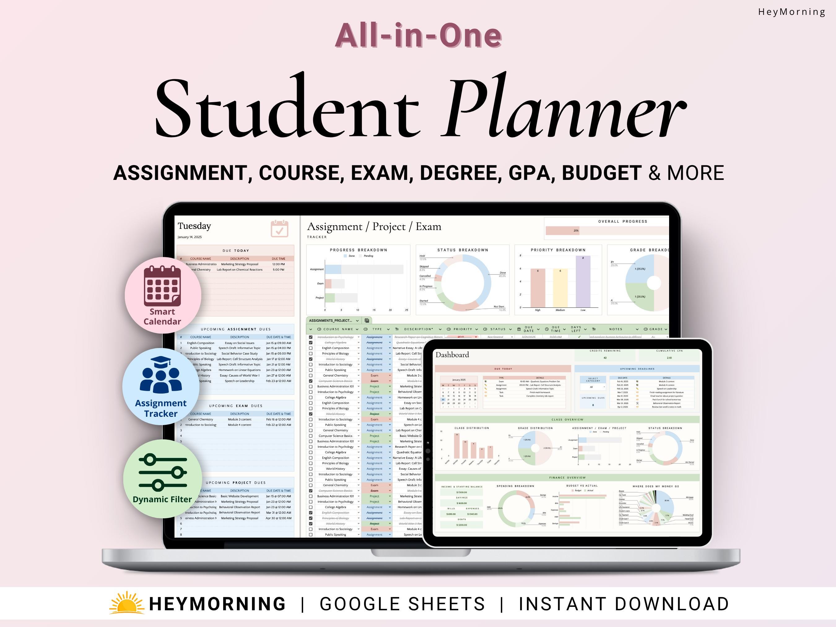 Academic Student Planner Google Sheets Assignment Tracker Spreadsheet ...