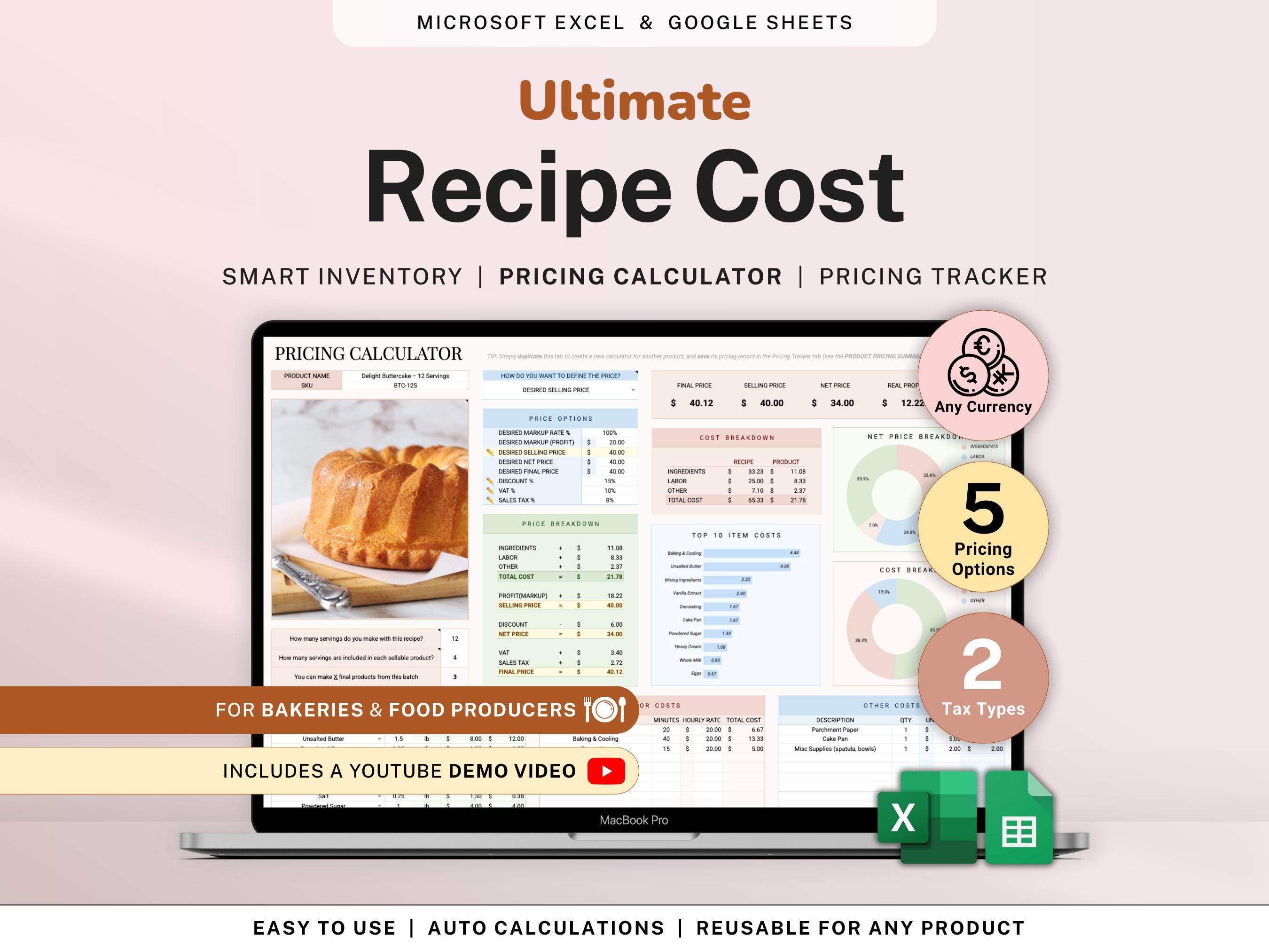 Recipe Cost and Pricing Calculator Spreadsheet for Bakery and Food ...