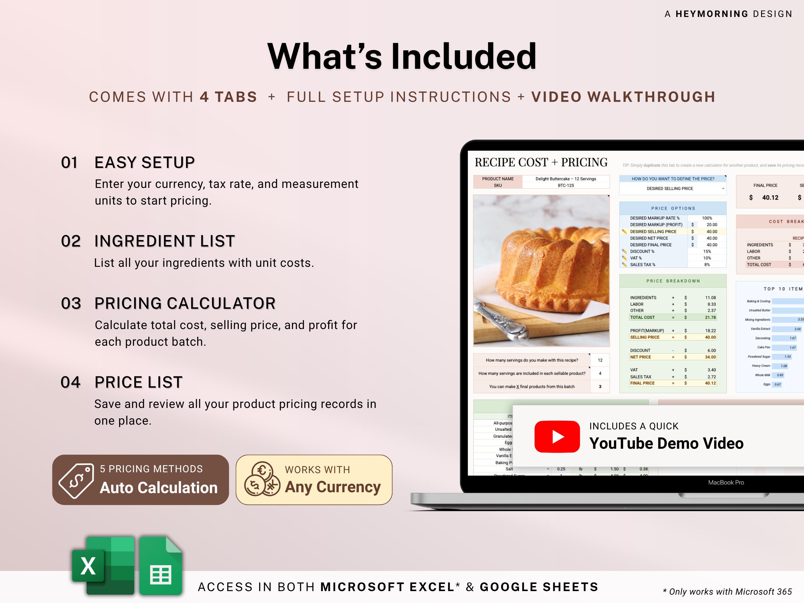 Recipe Cost and Pricing Calculator Spreadsheet for Bakery and Food ...