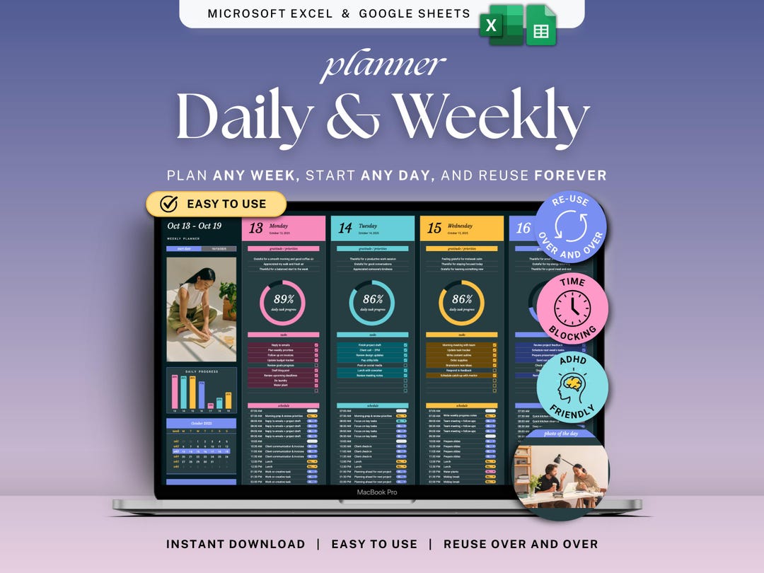 Weekly Planner Dark Mode Daily Schedule Google Sheets ADHD to Do ...