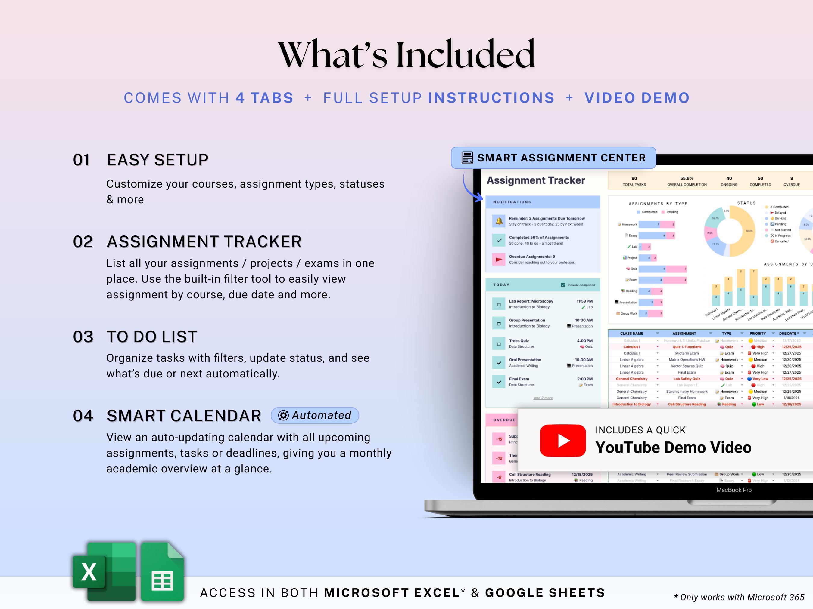 Assignment Tracker Google Sheets Excel Student Planner Spreadsheet ...